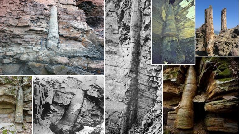 FOSSILIZED TREES CUT THROUGH MILLIONS OF YEARS OF ROCK LAYERS ...
